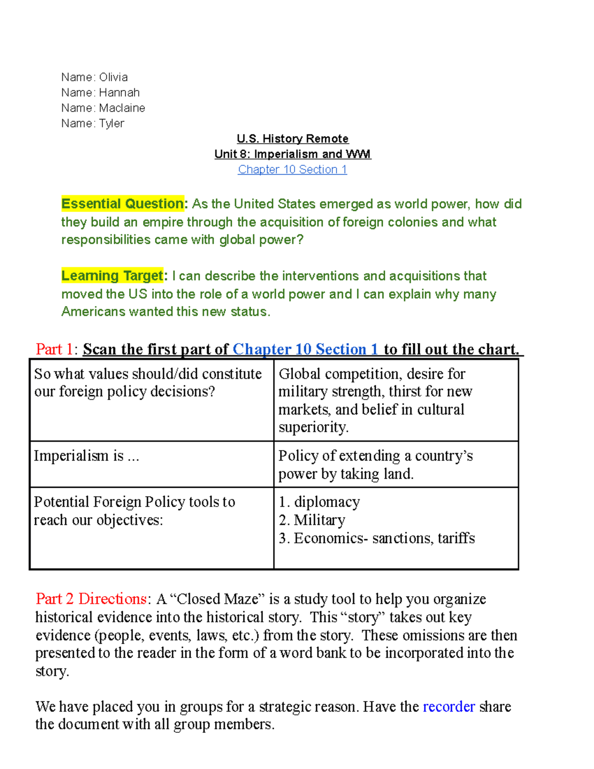 Copy of Unit 8 Imperialism 2021 - ####### Name: Olivia ####### Name ...