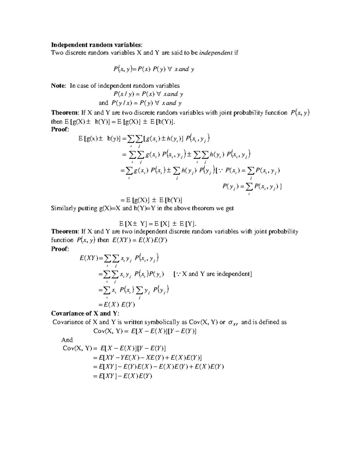 Independent Random Variables Proof E g x H y I J Yhxg Ii