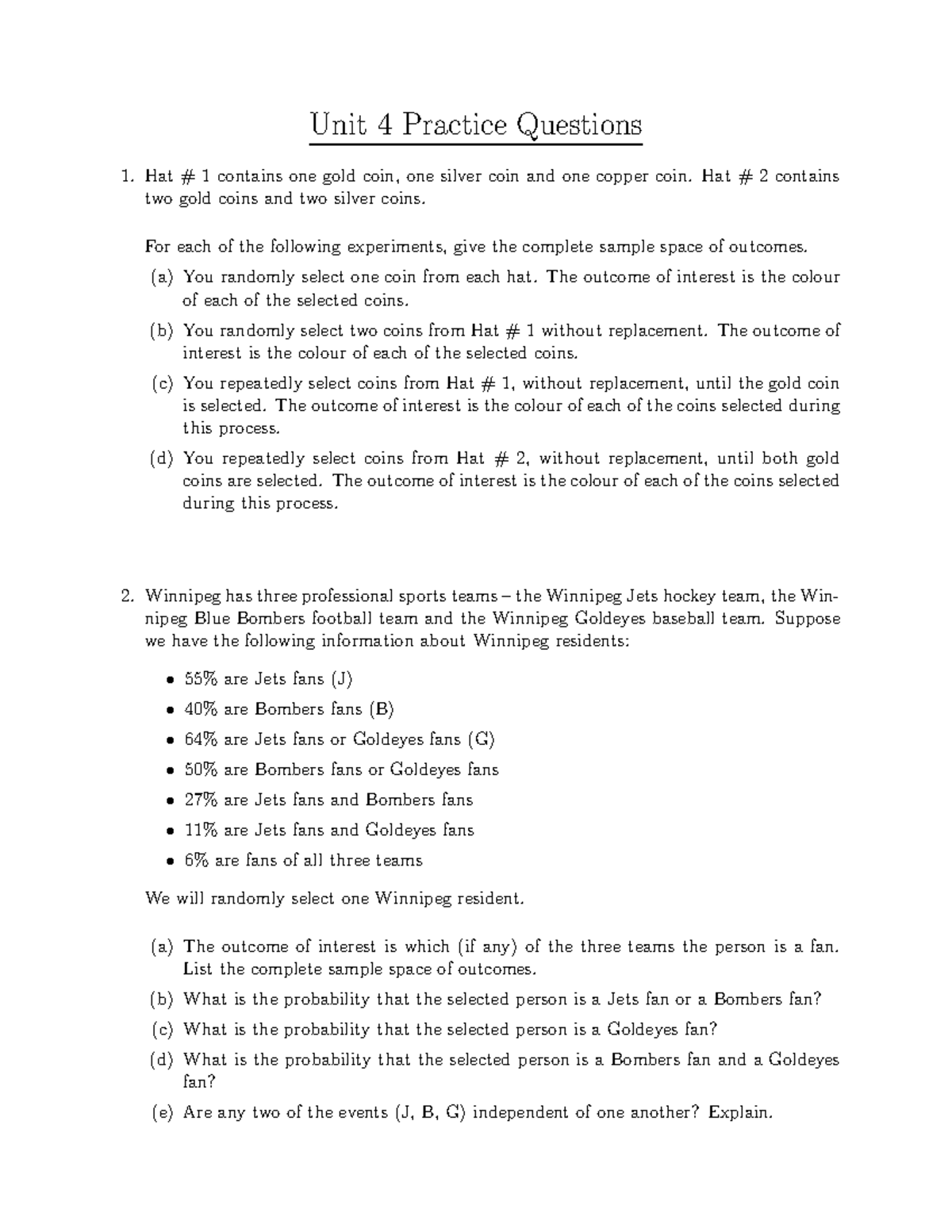 Unit 4 Practice Questions - Unit 4 Practice Questions Hat # 1 contains one gold coin, one silver ...