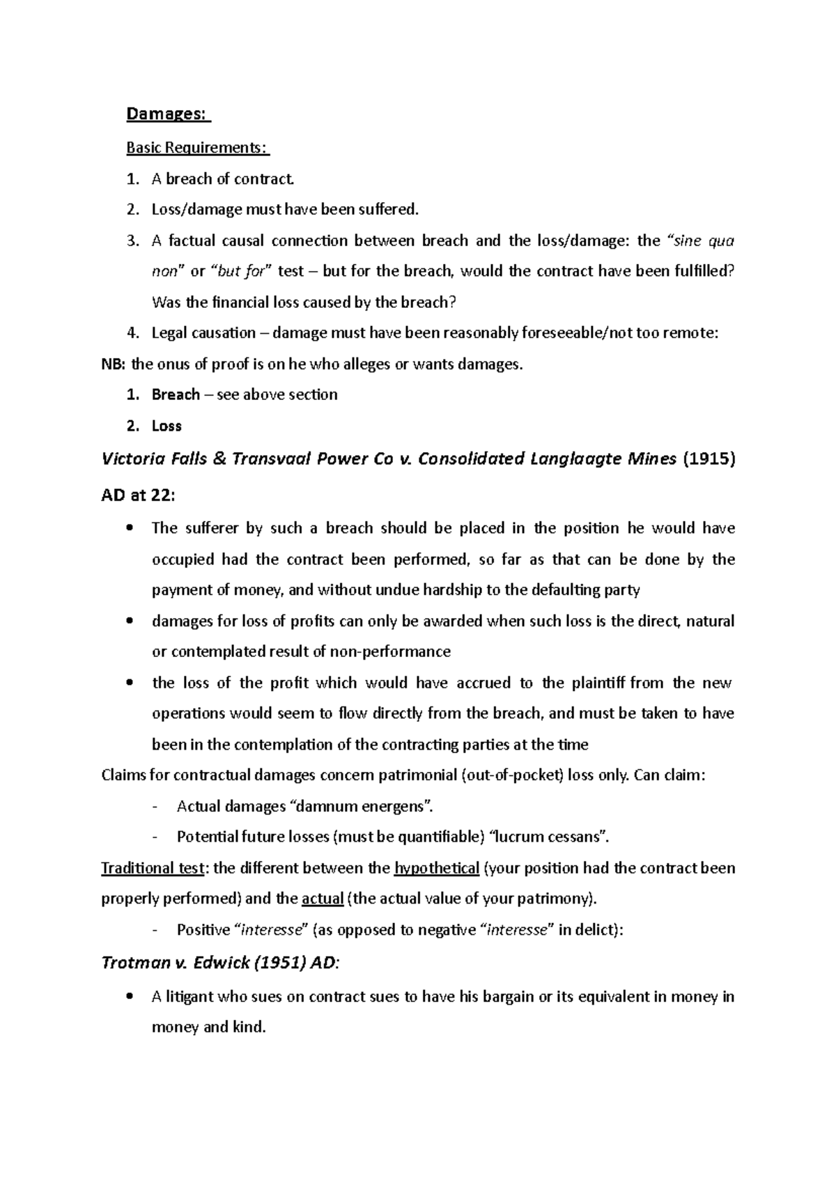 Damages - supplement notes - Damages: Basic Requirements: A breach of ...