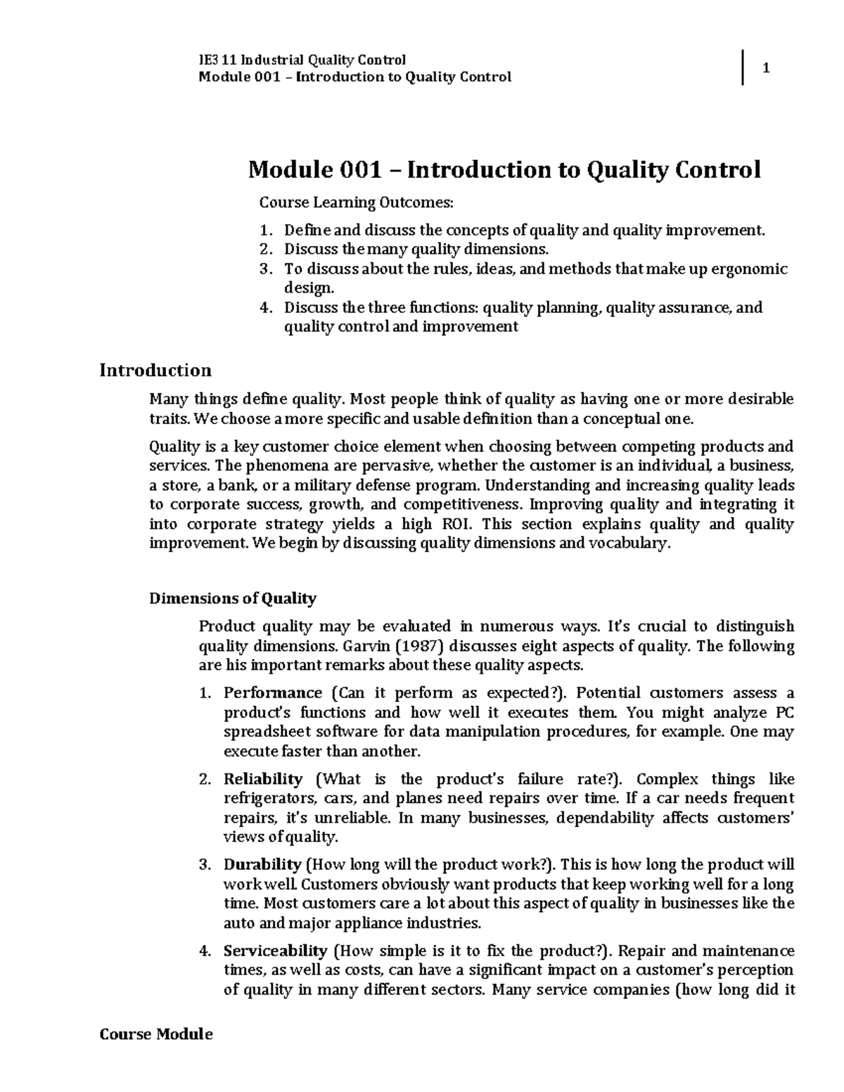 WEEK 1 Introduction to Quality Control - Module 001 – Introduction to Quality Control 1 Module ...