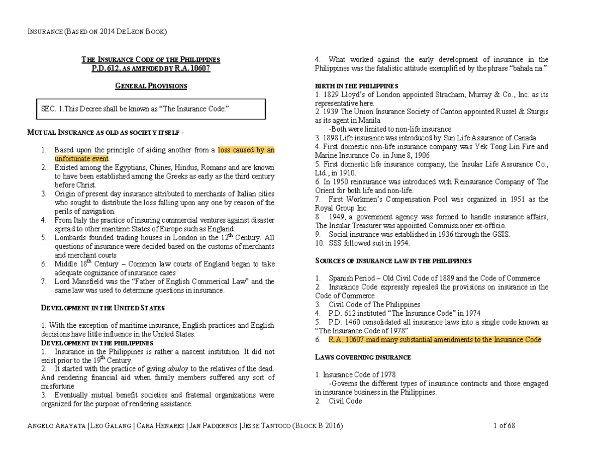 Insurance notes de leon - THE INSURANCE CODE OF THE PHILIPPINES P. 612 ...