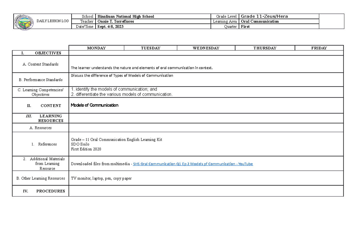 Q1 W2 Oral - Daily Lesson Log Oral Com - DAILY LESSON LOG School ...