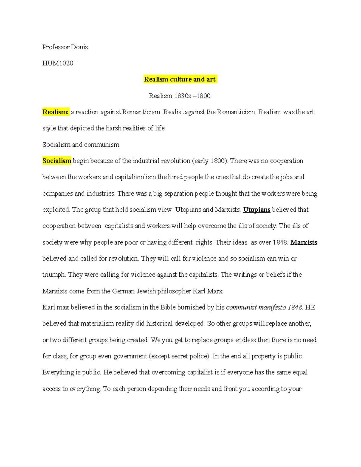 HUM1020 realism period - Professor Donis HUM Realism culture and art ...