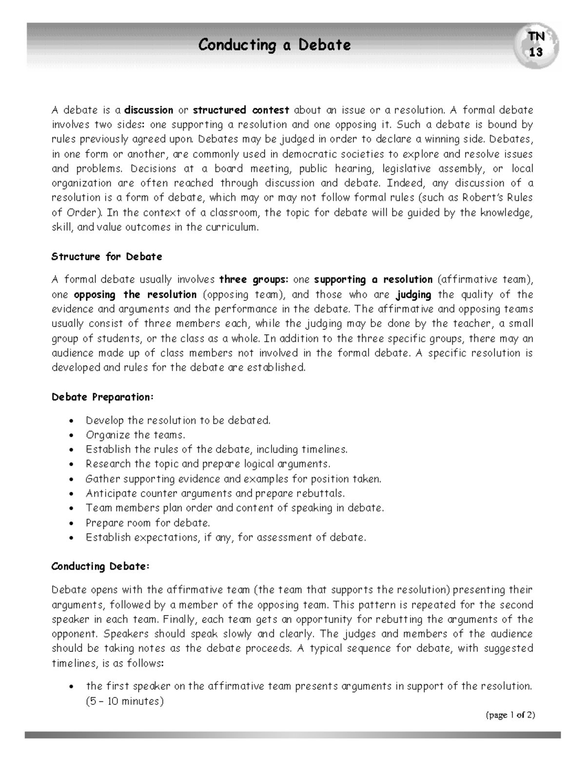Debate Rules for Student Activity - Antiti Conducting a Debate TN 13 A ...