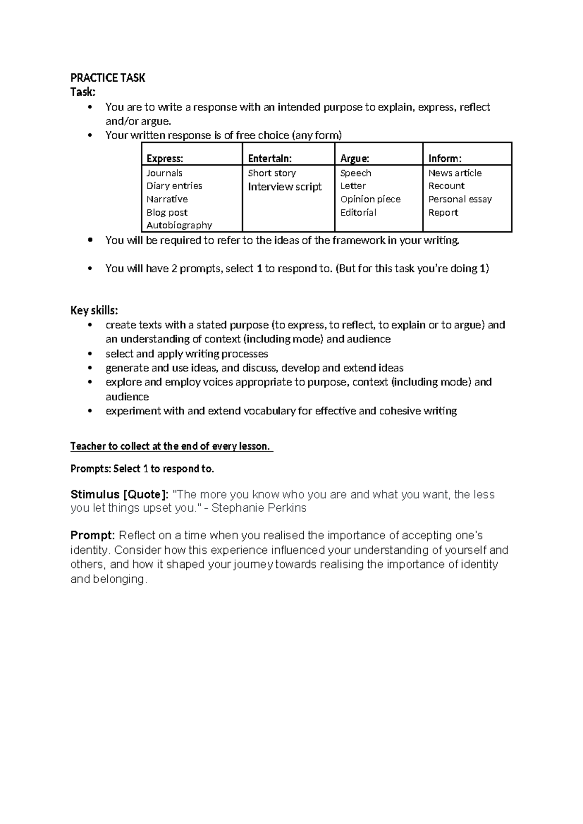 Practice SAC crafting texts - PRACTICE TASK Task: You are to write a ...