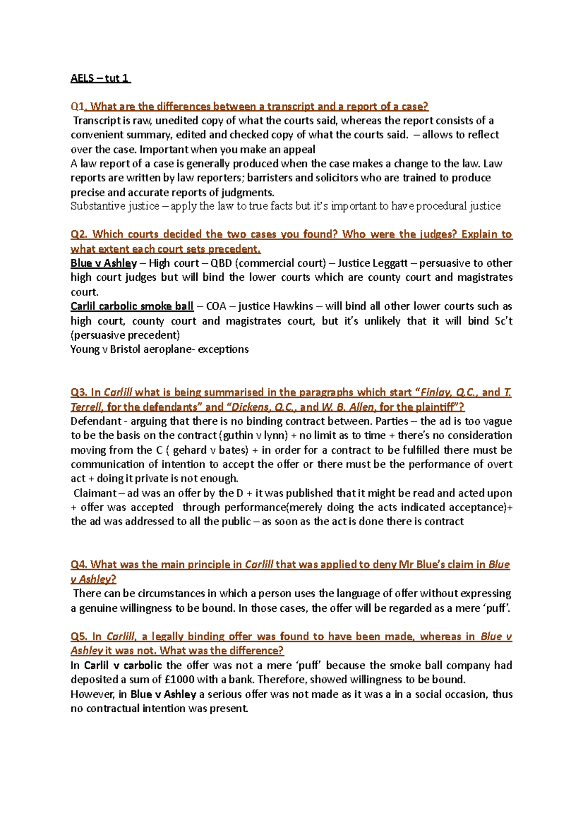 Tut 1 - lecture notes - AELS – tut 1 Q1. What are the diferences ...