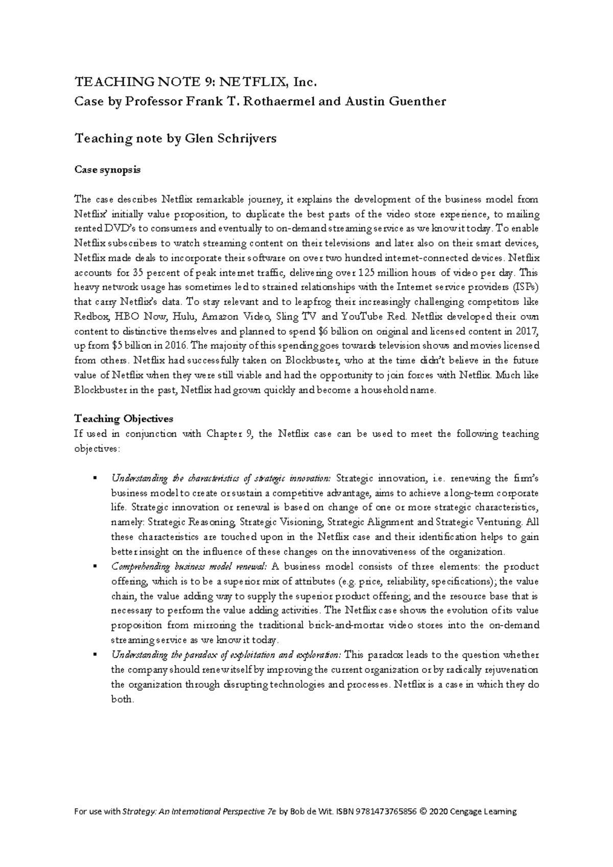 Case Study Teaching Note module 3 Netflix - TEACHING NOTE 9: NETFLIX ...