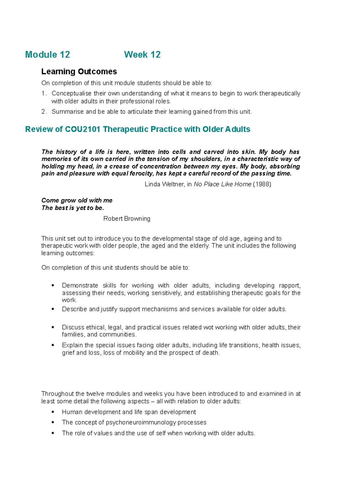 All Modules for COU2101 - Module 12 Week 12 Learning Outcomes On ...