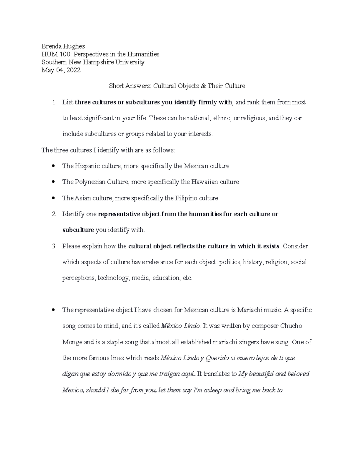 1.2 Short Answer-Cultural Objects and Their Culture - Brenda Hughes HUM ...