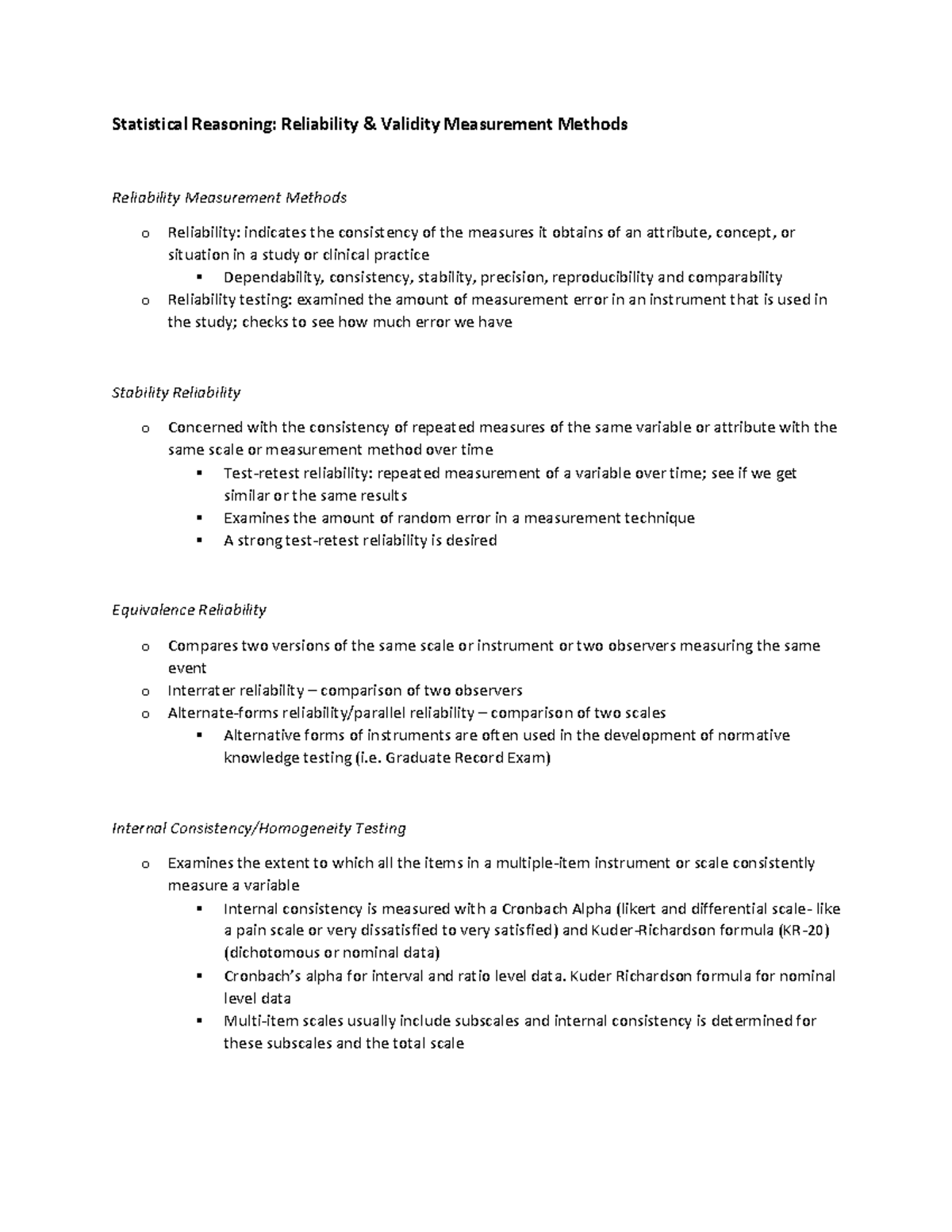 Stats Notes Lecture 3 - Reliability & Validity Measurement Methods ...