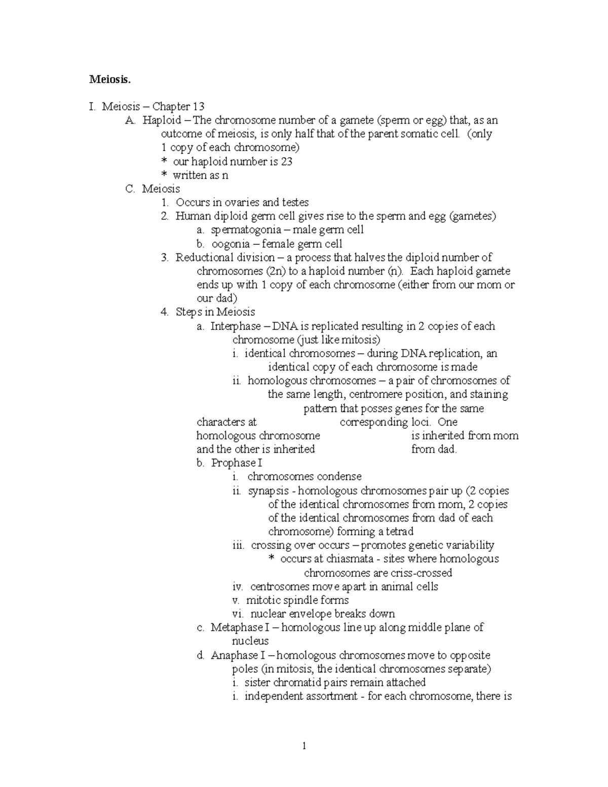 12 - Meiosis - Lecture notes 12 - Meiosis. I. Meiosis – Chapter 13 A ...