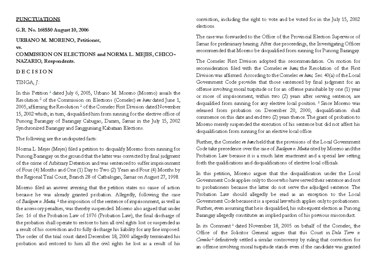 WEEK 5 Punctuations - Week 5 of Case Digests for Statcon - PUNCTUATIONS G. No. 168550 August 10 ...