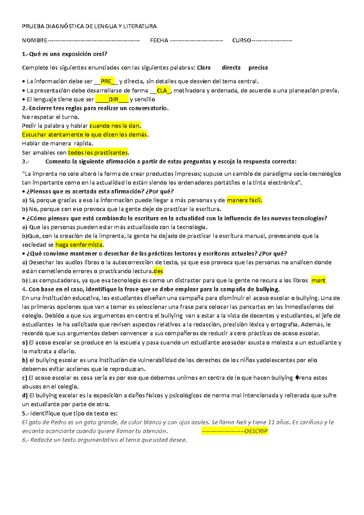 Diagnostica 2DO - kln - PRUEBA DIAGNÓSTICA DE LENGUA Y LITERATURA ...