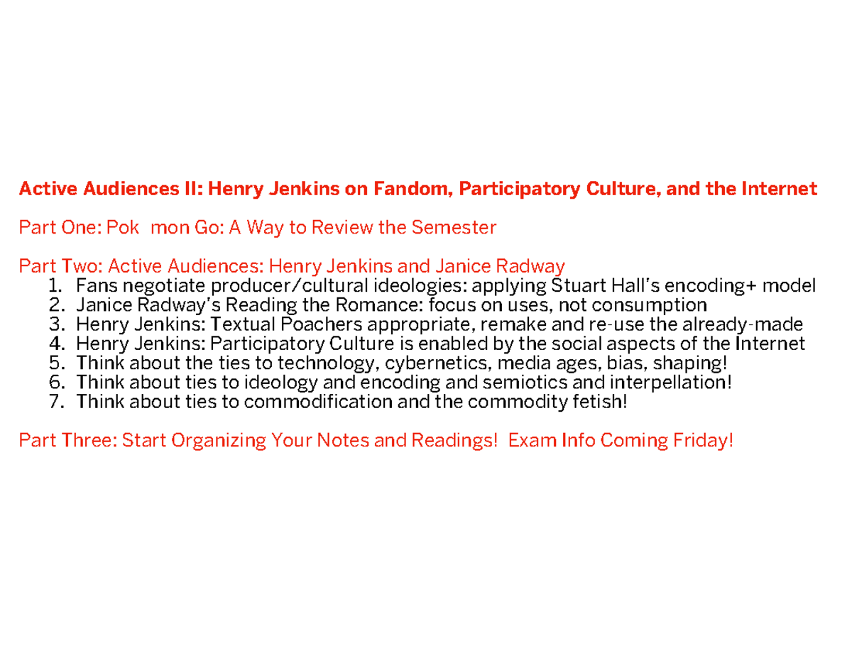 Nov 28 slides - Active Audiences II: Henry Jenkins on Fandom ...