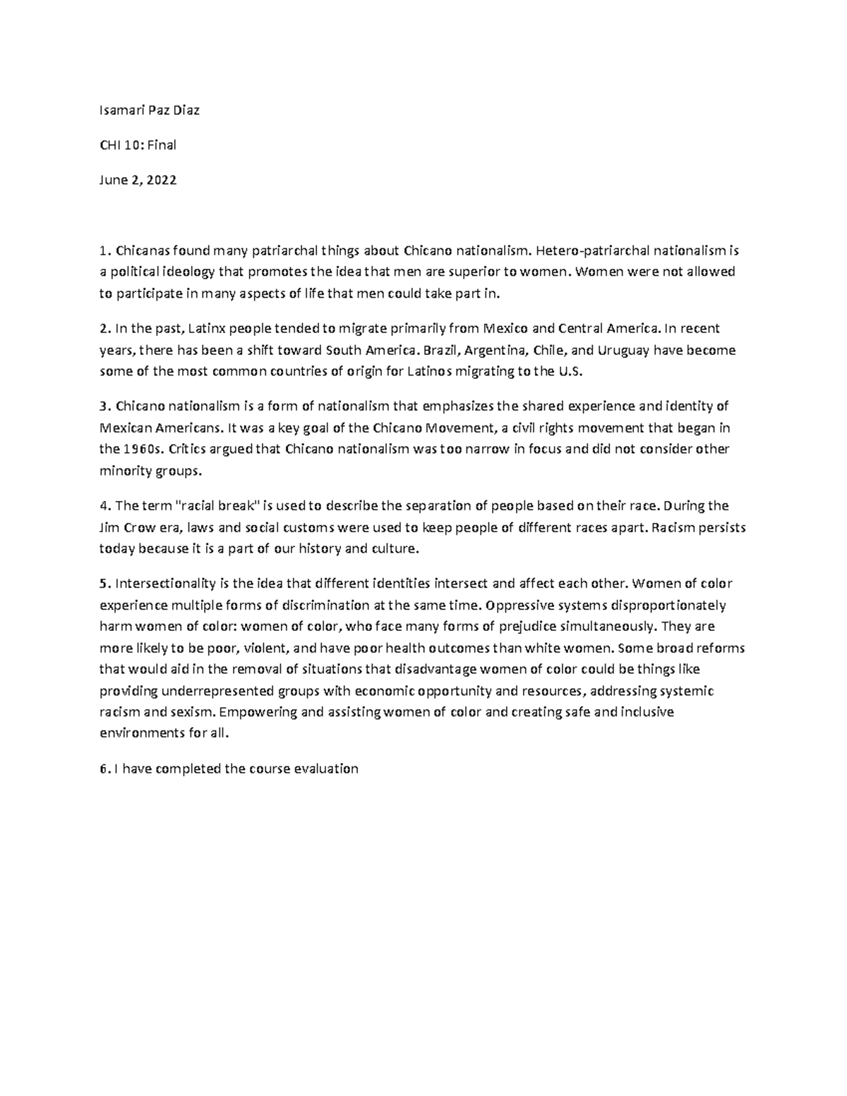 CHI10 Final - Isamari Paz Diaz CHI 10: Final June 2, 2022 1. Chicanas ...