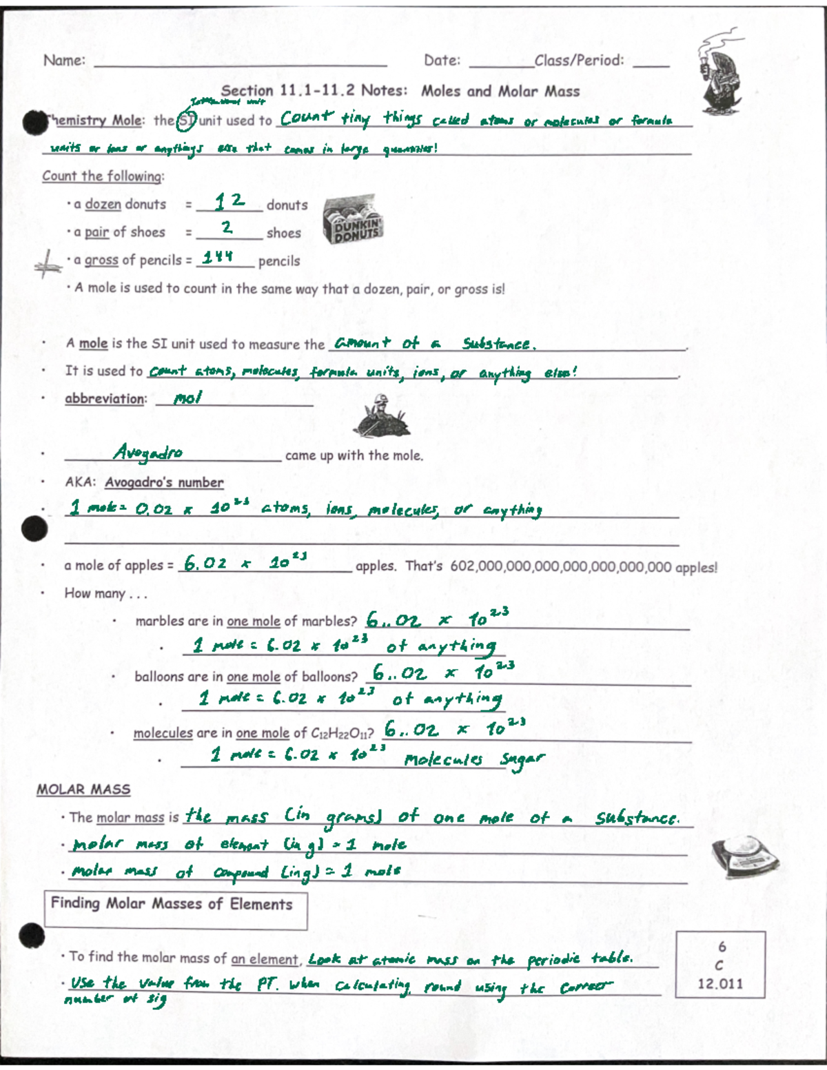 Moles and moles mass - Name: Date: Class/Period: Section 11.1-11 Notes ...