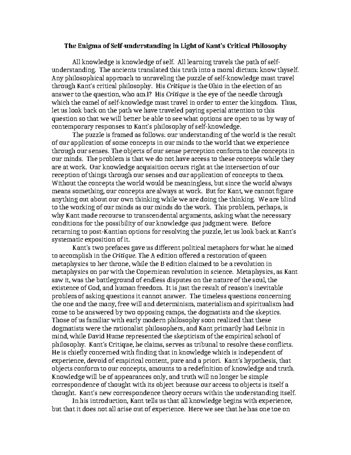 Summary Lecture on Immanuel Kants Critiq - The Enigma of Self ...