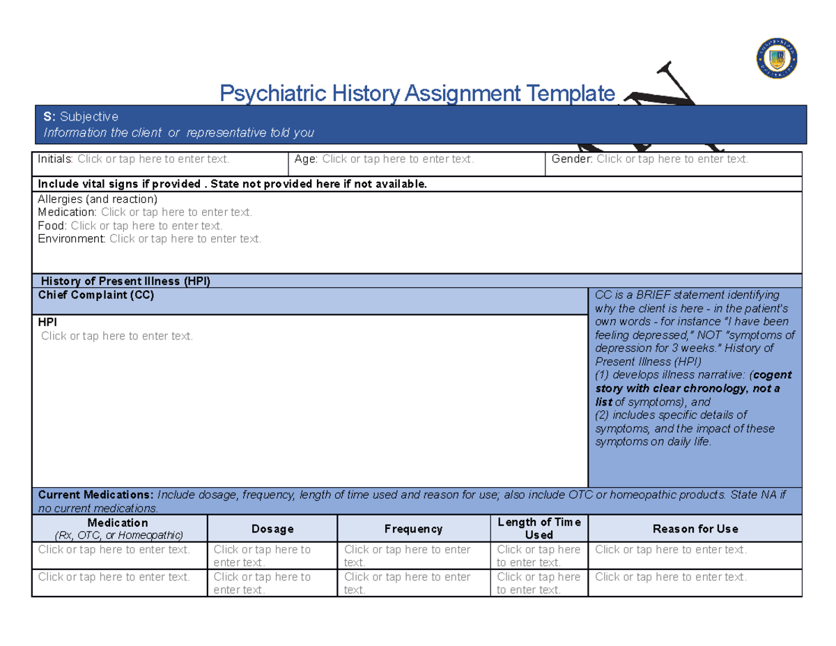 NR 548 psychiatric history assignment template - Psychiatric History ...