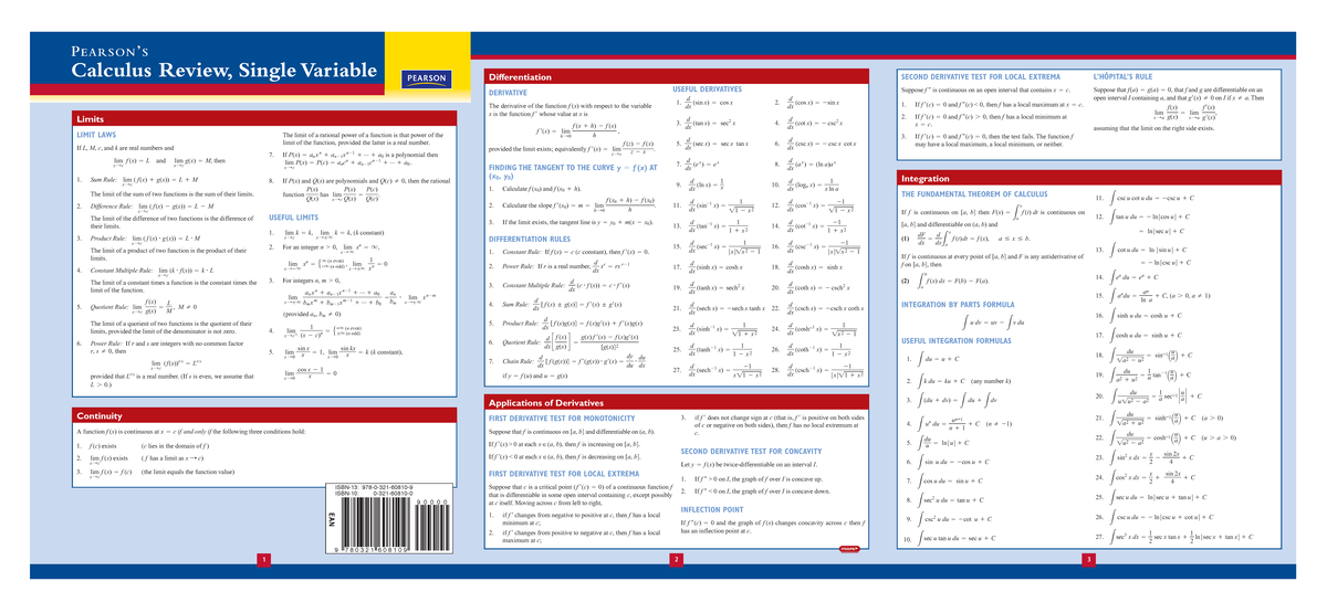 Cheat Sheet - 1 2 3 PEARSON’S Calculus Review, Single Variable Limits ...