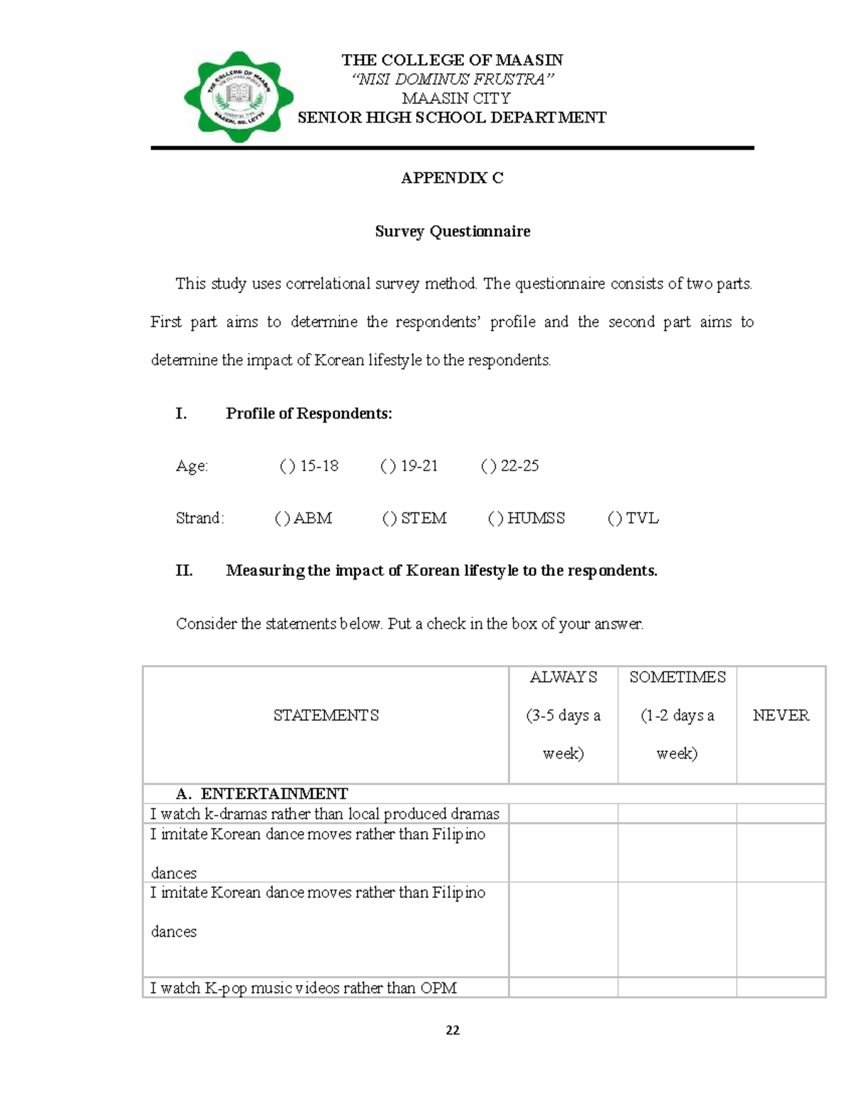 Appendix C - practical research - THE COLLEGE OF MAASIN “NISI DOMINUS ...