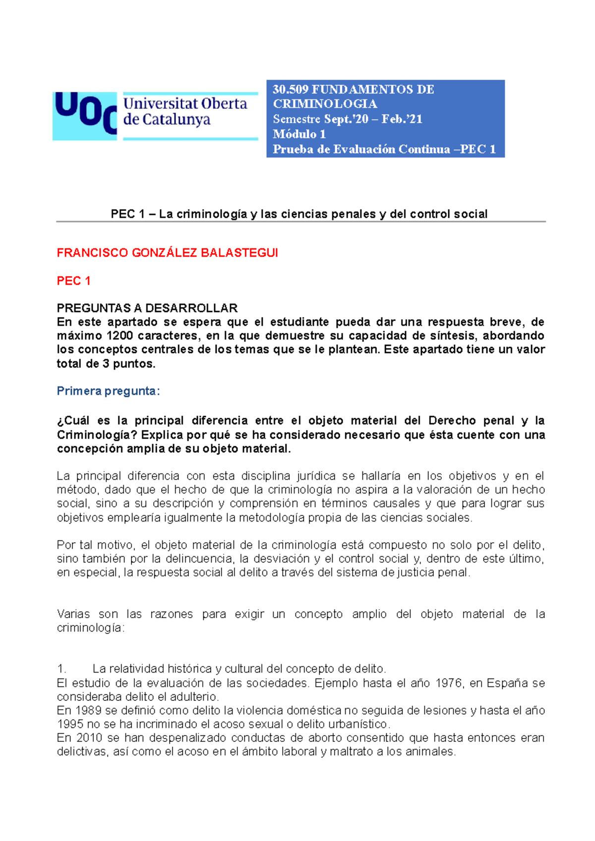 30509 PEC1 González Balastegui - 30 FUNDAMENTOS DE CRIMINOLOGIA Semestre Sept.'20 – Feb.’ Módulo ...