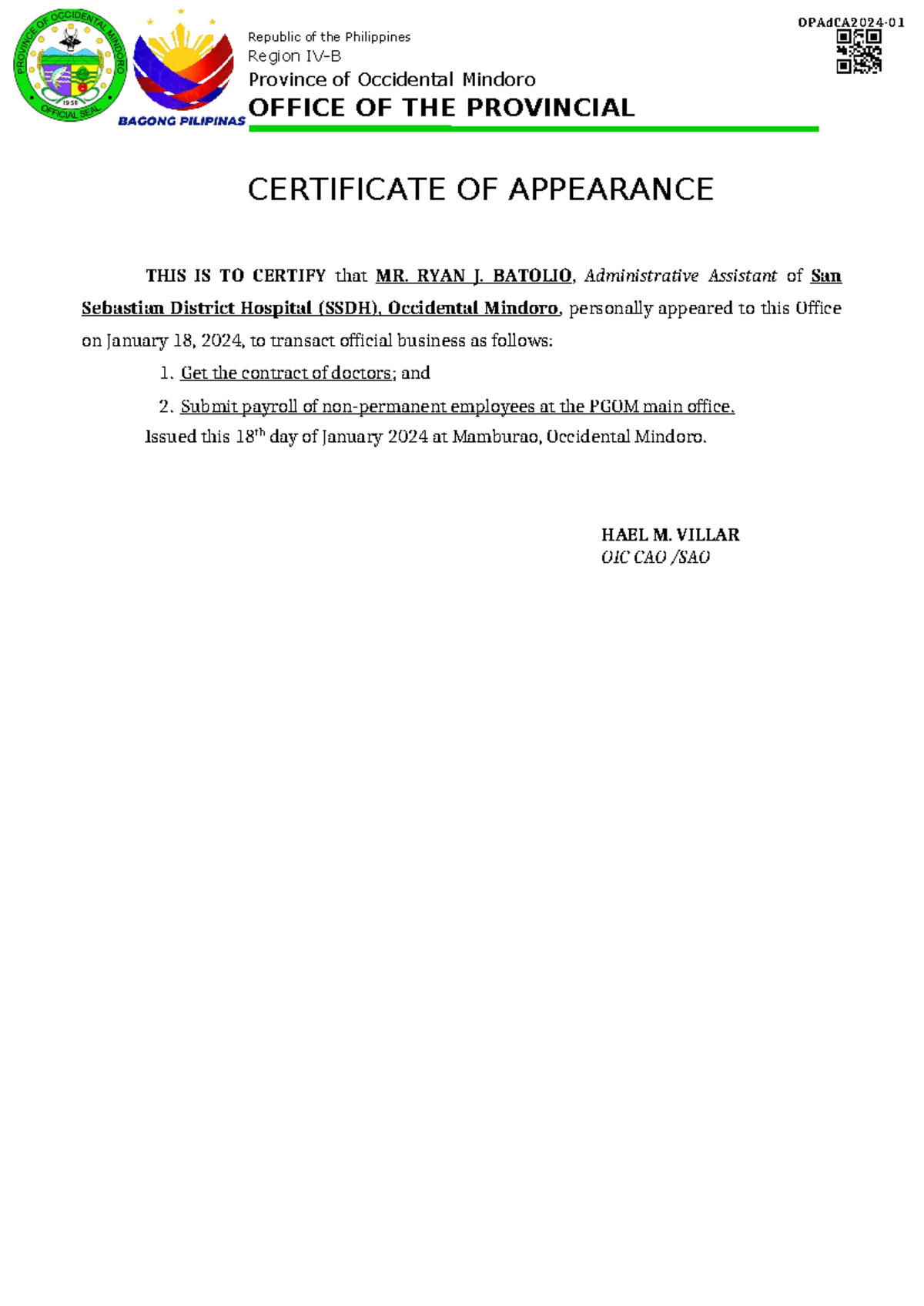 4 To Mr. Ryan J. Batolio (Get the contract of doctors)(01-08 ...