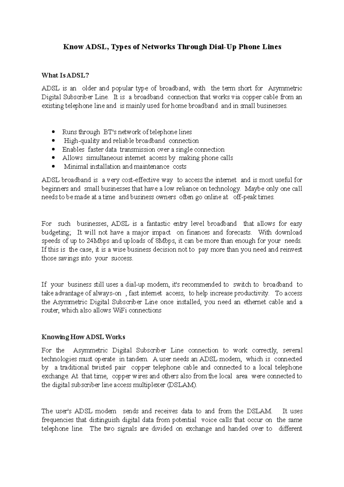 Know ADSL Types of Networks Through Dial Up Phone Lines - It is a ...