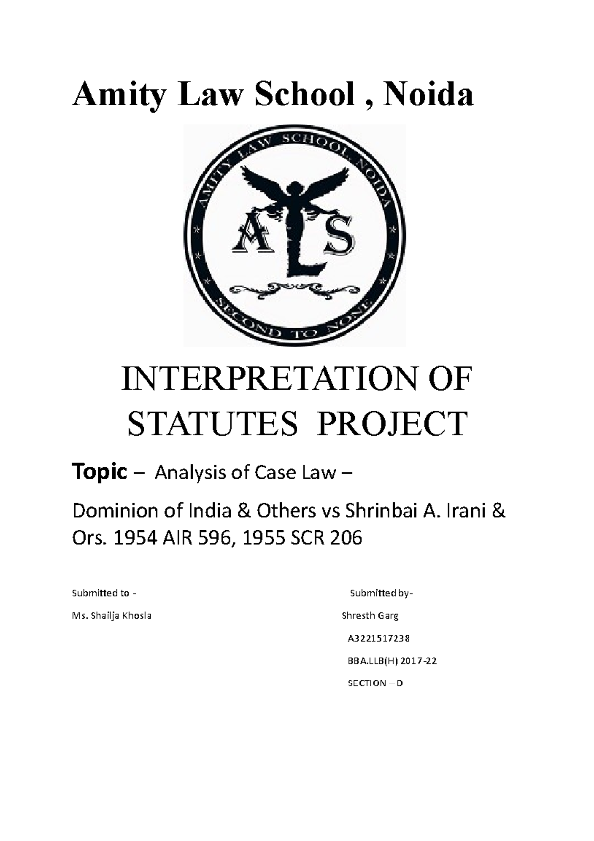 Interpretation of statutes project - Amity Law School , Noida ...