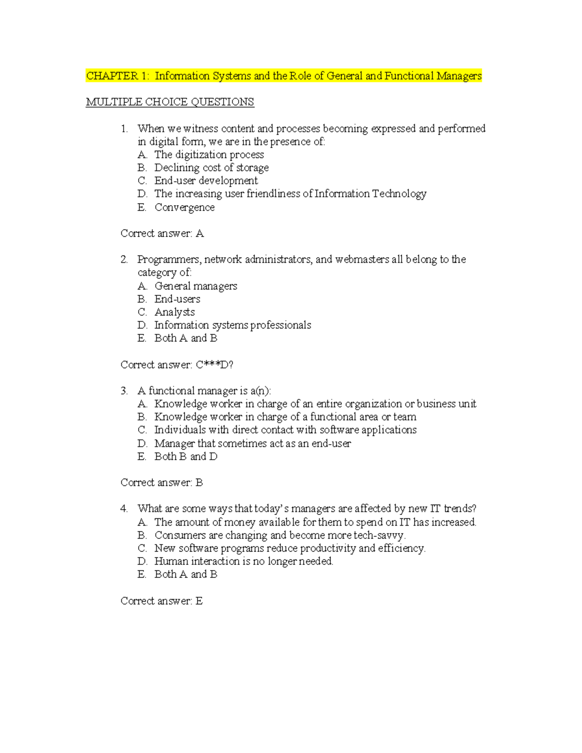 MIS TEST BANK - Test Bank for the course - CHAPTER 1: Information ...