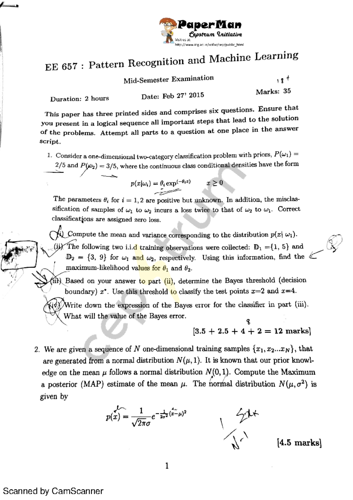 EE657 Midsem - Mid semester question paper for Pattern Recognition and Machine Learning Course ...