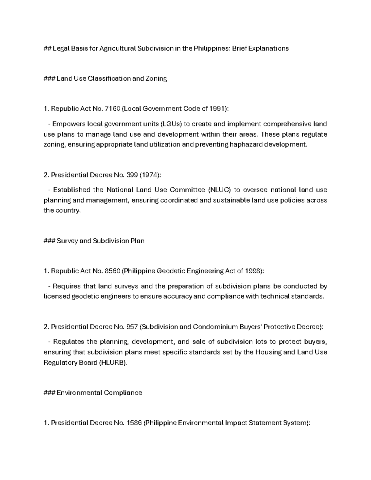 Legal Basis for Agricultural Subdivision in the Philippines - 7160 ...