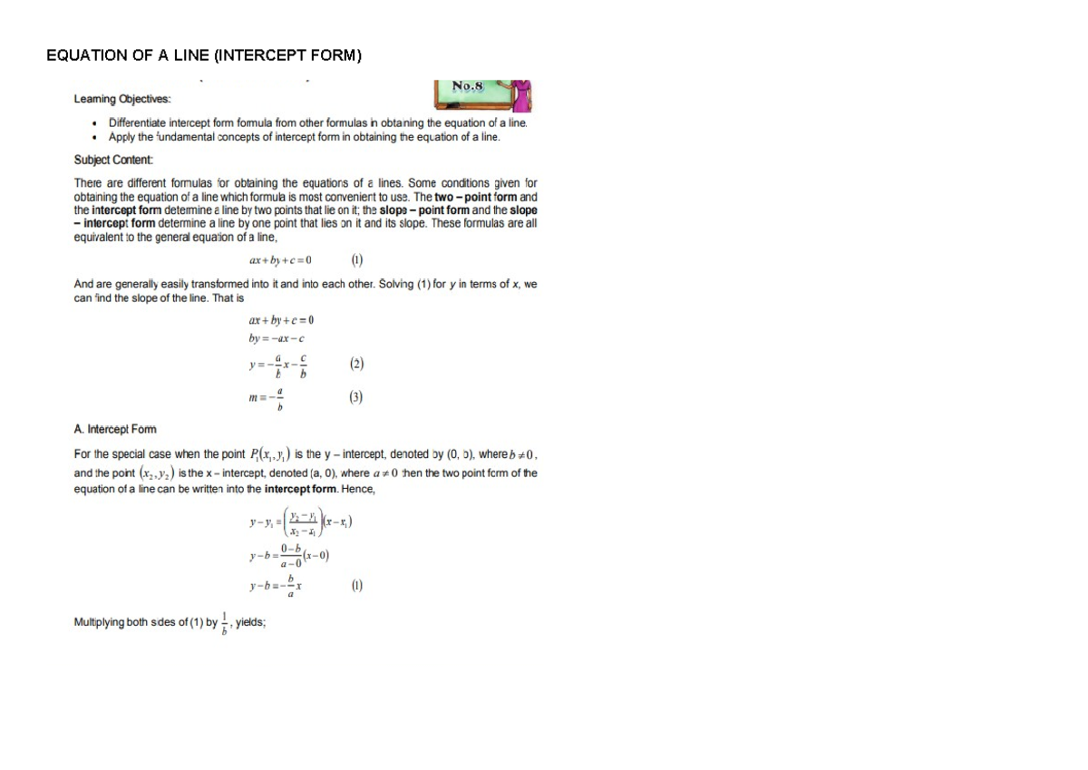 Lesson-8 - Lesson 8 - EQUATION OF A LINE (INTERCEPT FORM) No Learning ...
