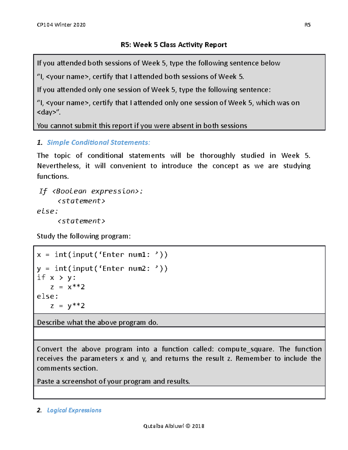 Week 5 activity report - In class only mandatory weekly assignment - R5 ...