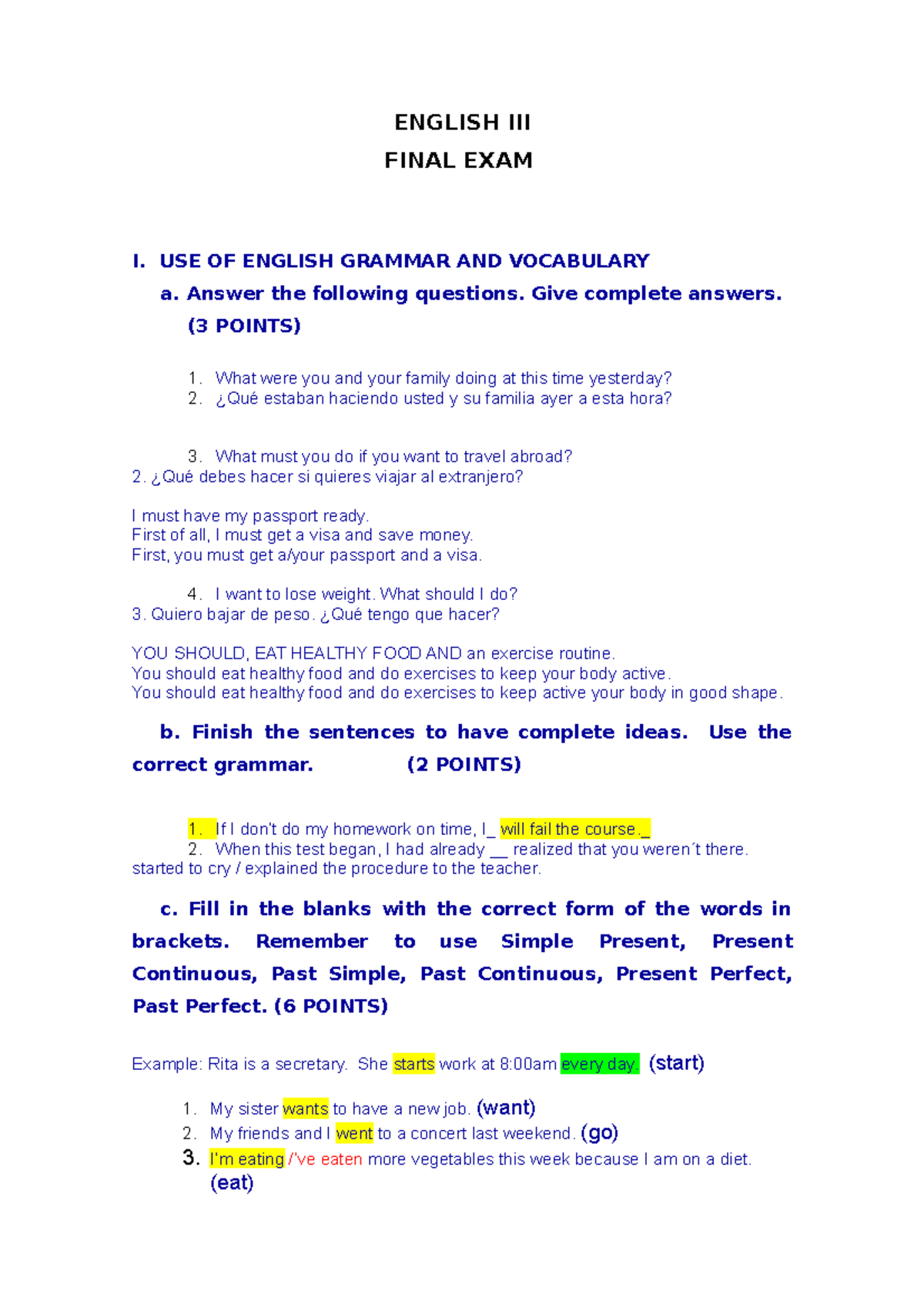 Final Exam CPEL Mock - ENGLISH III FINAL EXAM I. USE OF ENGLISH GRAMMAR ...