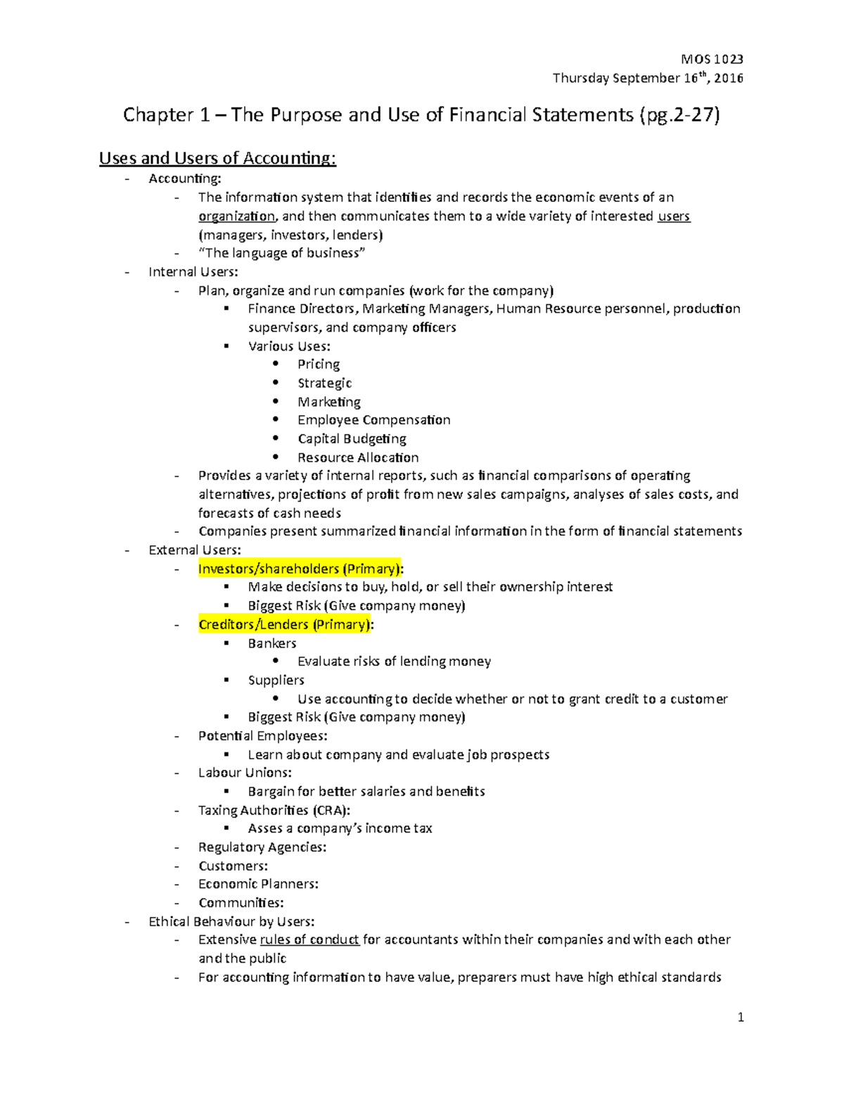 Chapter 1 The Purpose and Use of Financial Statements - MOS 1023 ...