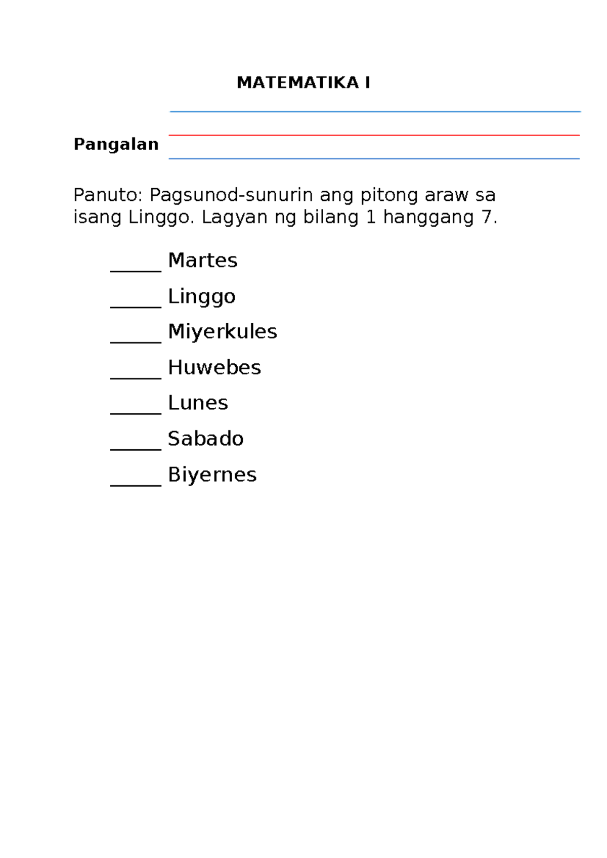 Matematika I-worksheet - English for English - MATEMATIKA I Pangalan ...