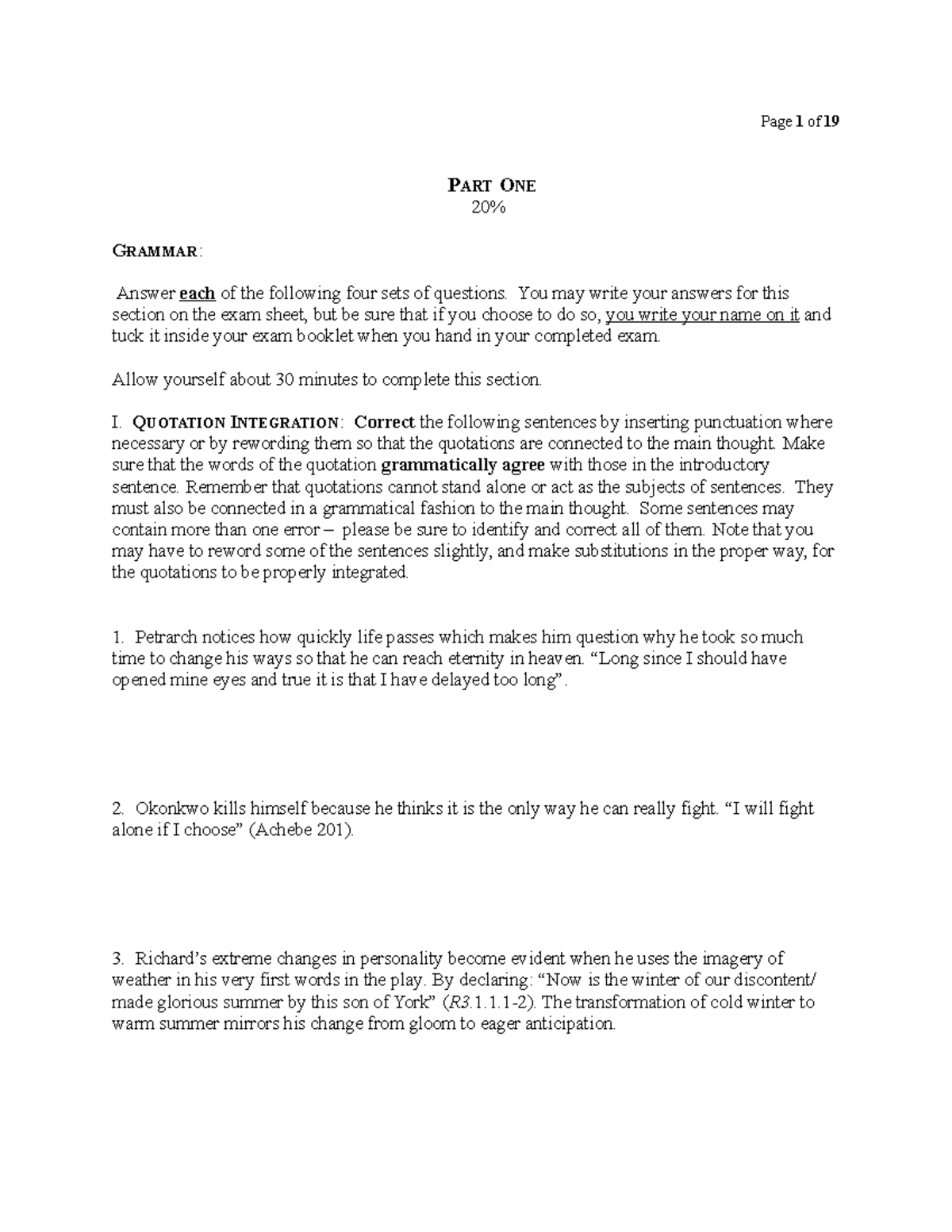 Final exam of ENGL 100( got full marks) - PART ONE 20% GRAMMAR : Answer ...