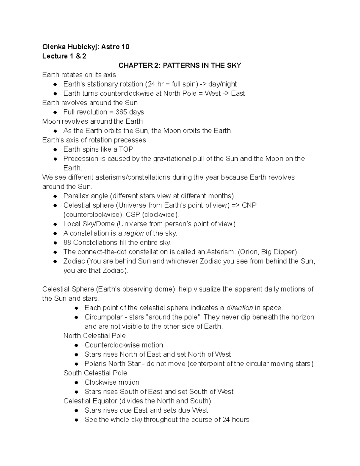 Astronomy - Chapter Summaries - Olenka Hubickyj: Astro 10 Lecture 1 & 2 ...