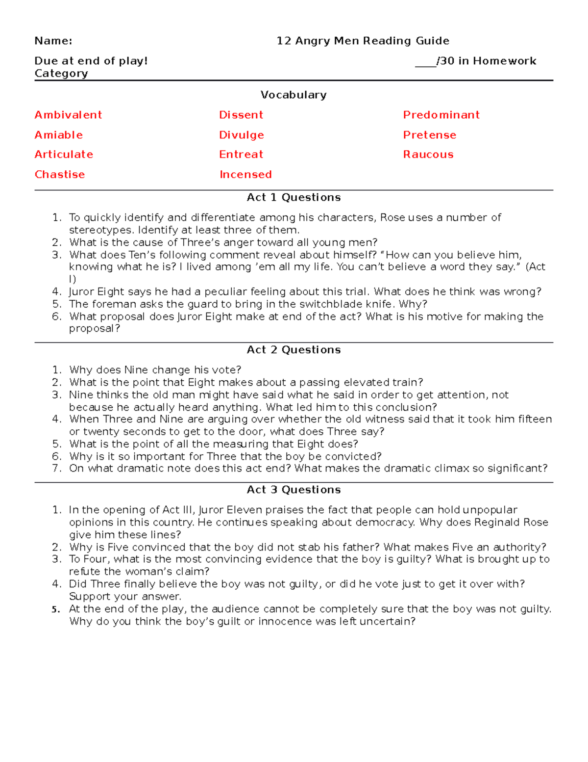 12AM Reading Guide - Name: 12 Angry Men Reading Guide Due at end of ...