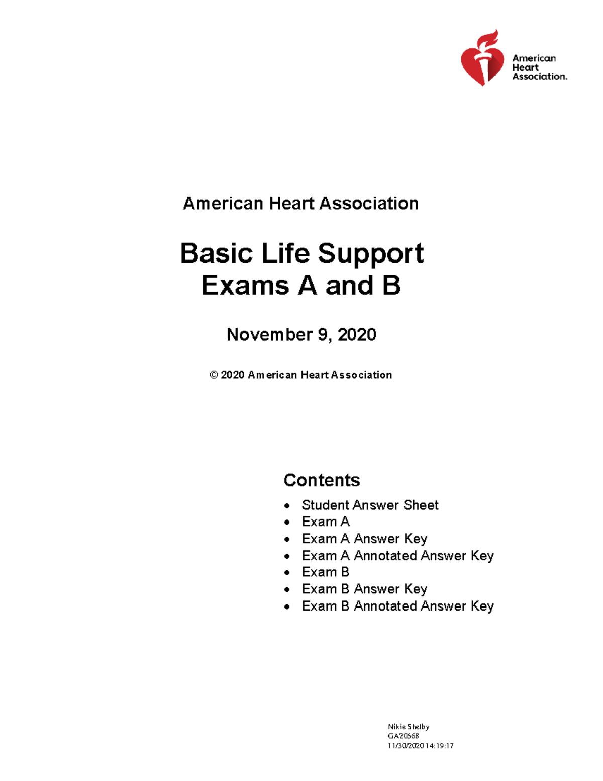 CPR Exam A And B American Heart Association Basic Life Support Exams