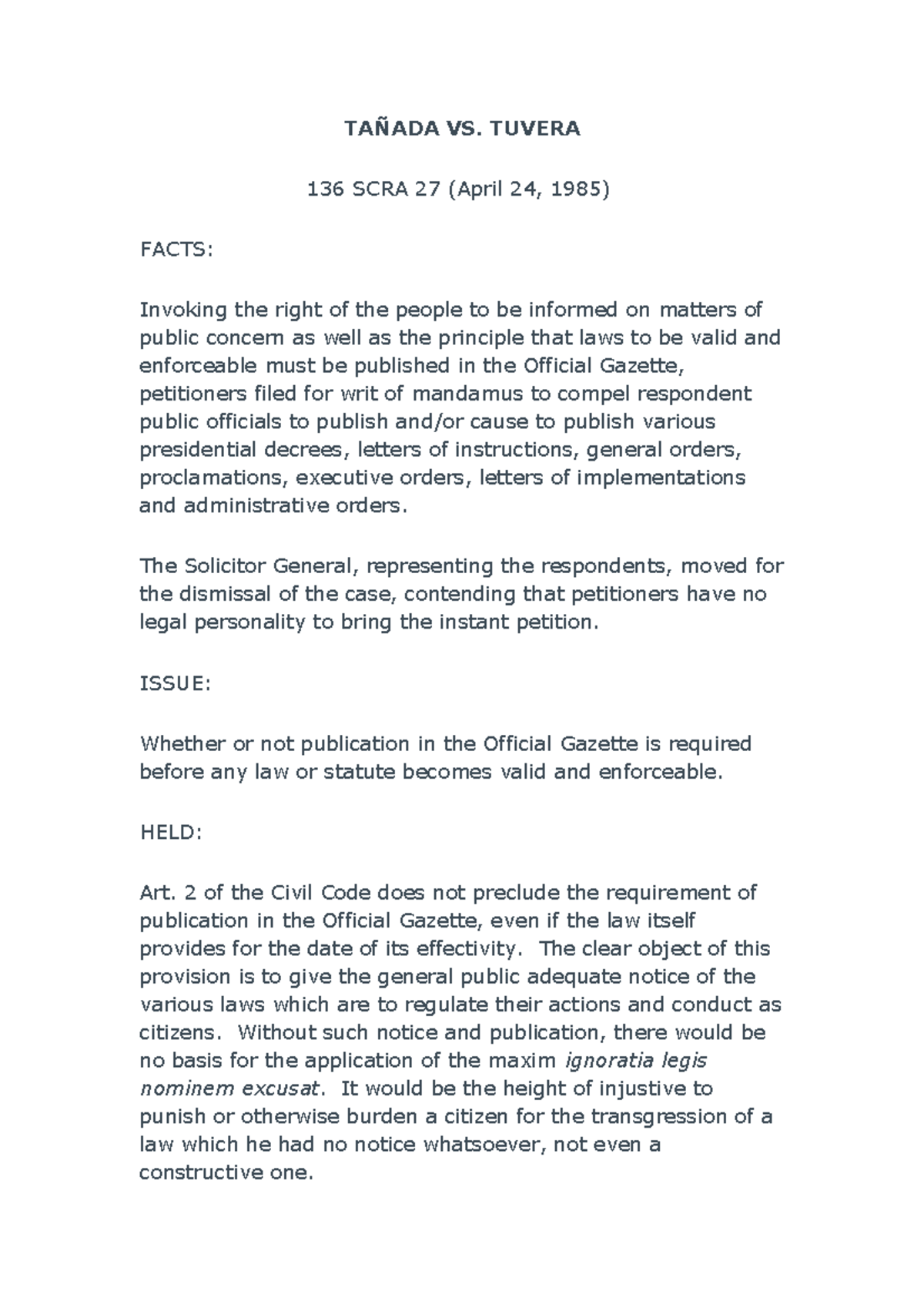 Tanada VS Tuvera 136 146 SCRA - TAÑADA VS. TUVERA 136 SCRA 27 (April 24 ...