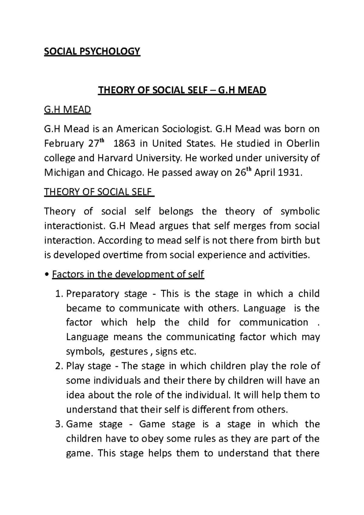 2. Social Psychology - Theory Of Self - G.H Mead - SOCIAL PSYCHOLOGY ...