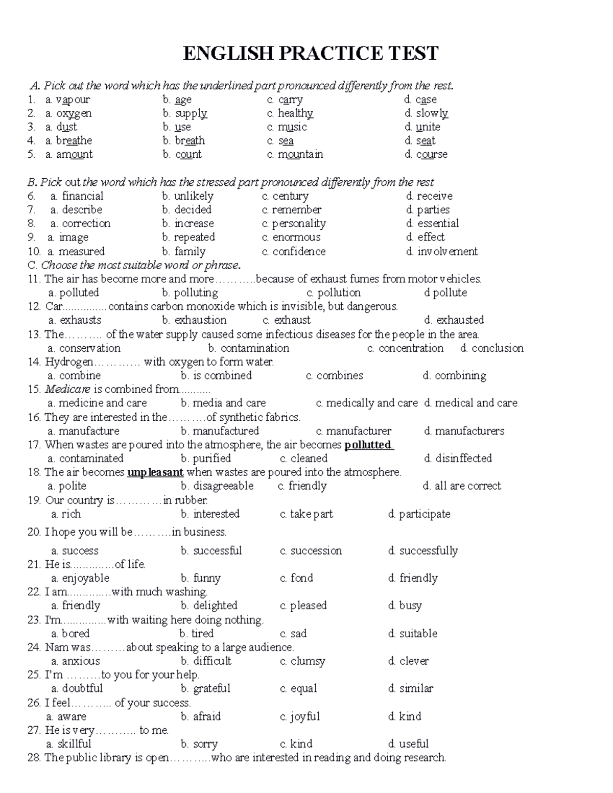 English Practice TEST 1 - ENGLISH PRACTICE TEST A. Pick out the word ...