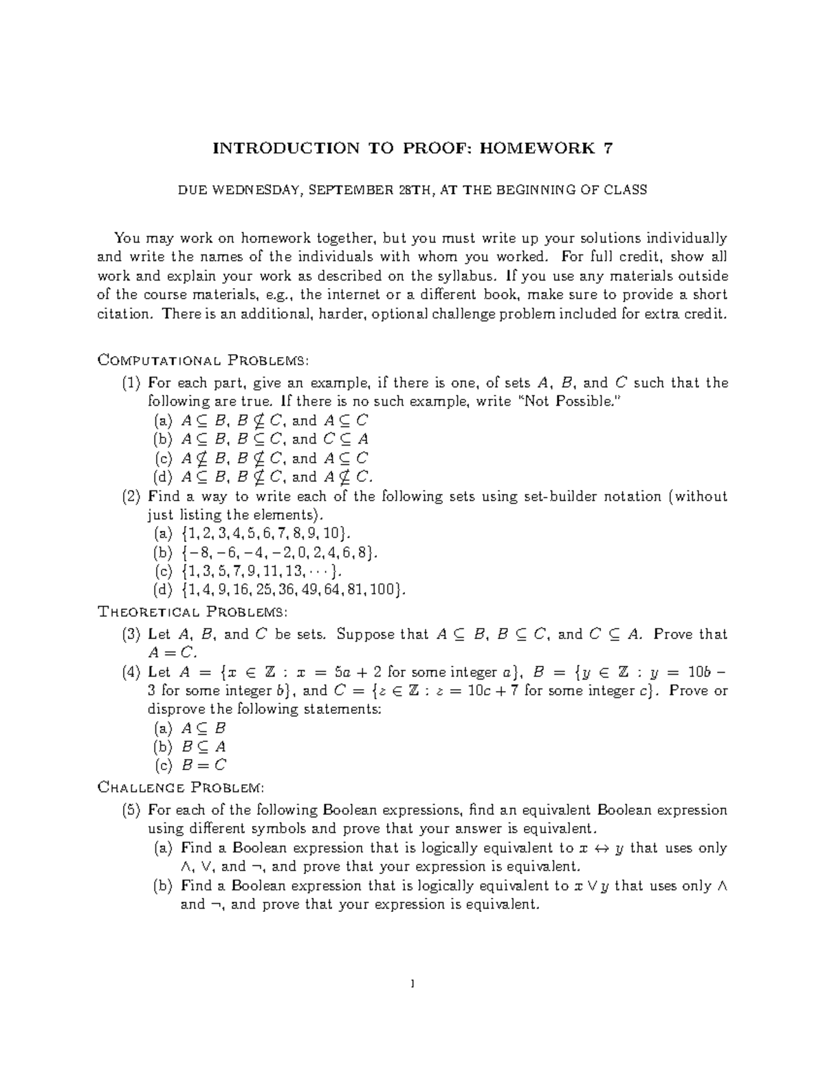 Homework 7 - INTRODUCTION TO PROOF: HOMEWORK 7 DUE WEDNESDAY, SEPTEMBER 28TH, AT THE BEGINNING ...