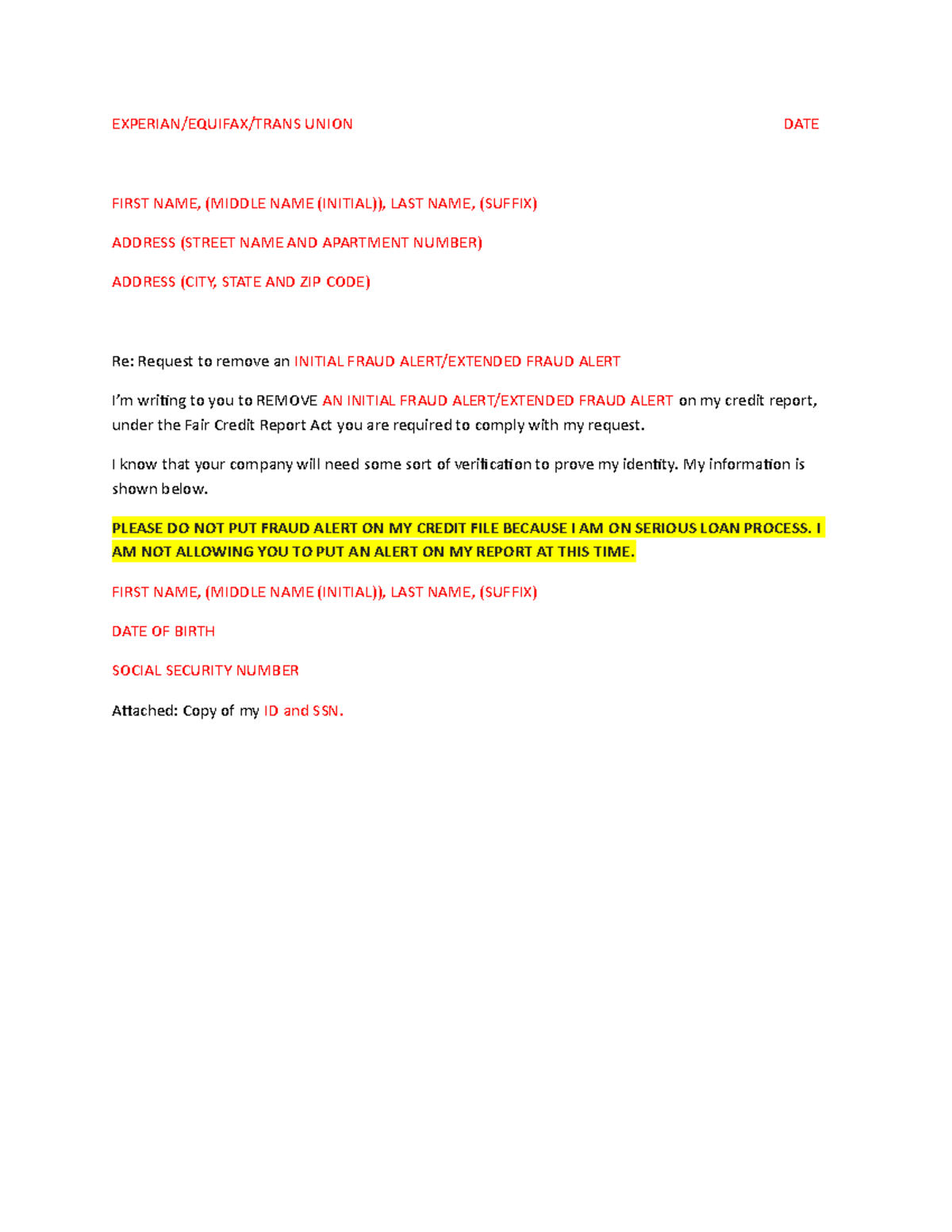 Example OF Fraud Alert - EXPERIAN/EQUIFAX/TRANS UNION DATE FIRST NAME ...