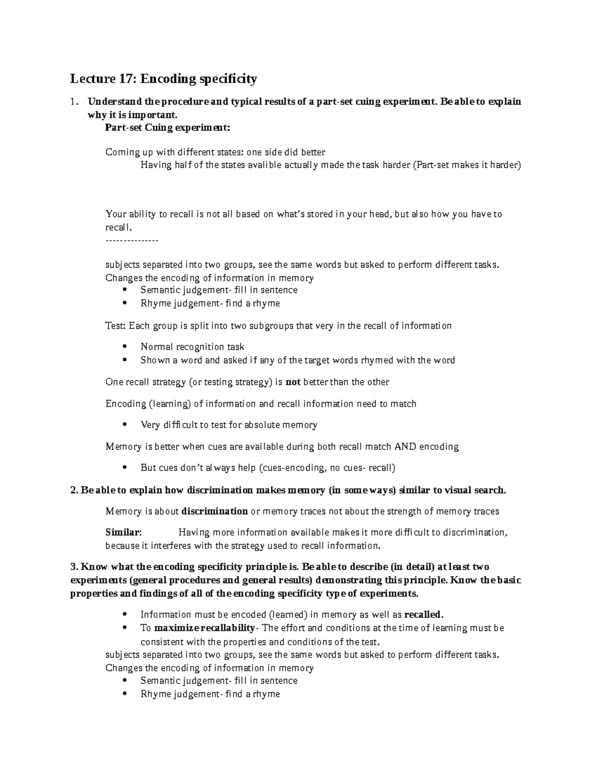 Psych Exam 3 - Notes - Lecture 17: Encoding specificity Understand the ...
