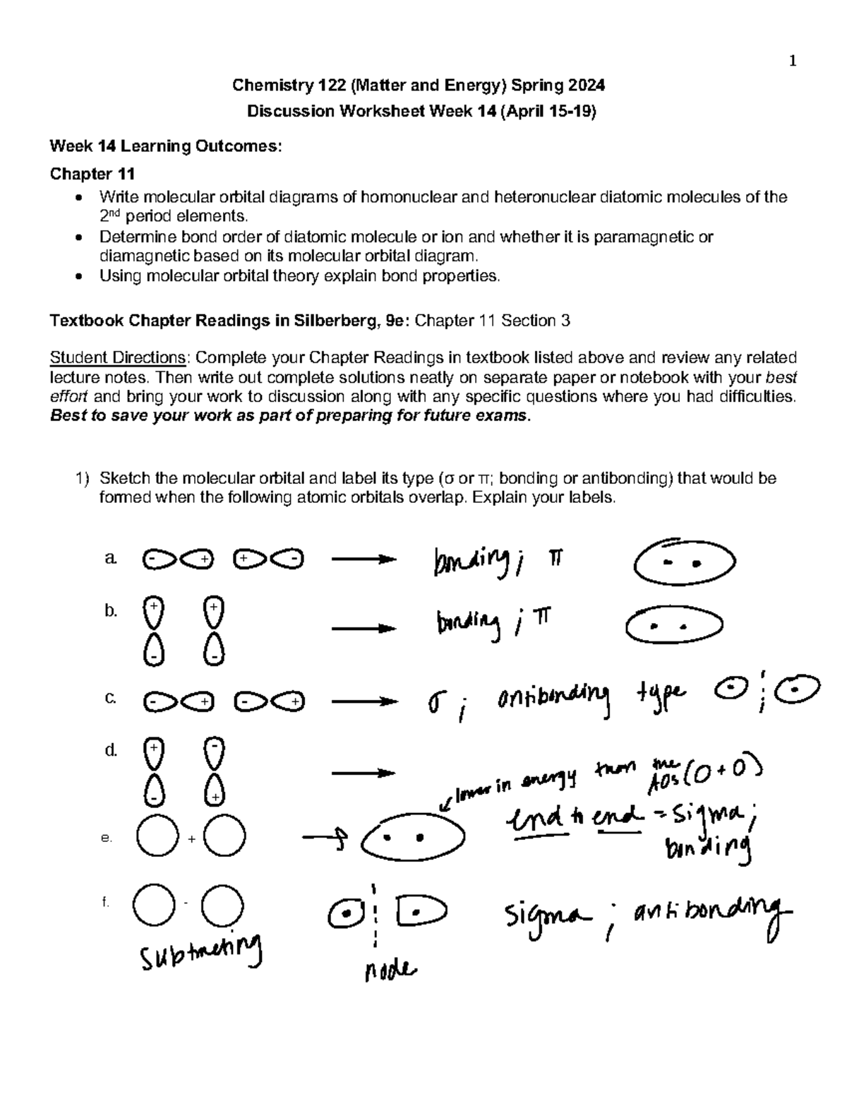 CHEM 122 S24 Discussion Wk 14 - 1 Chemistry 122 (Matter and Energy ...