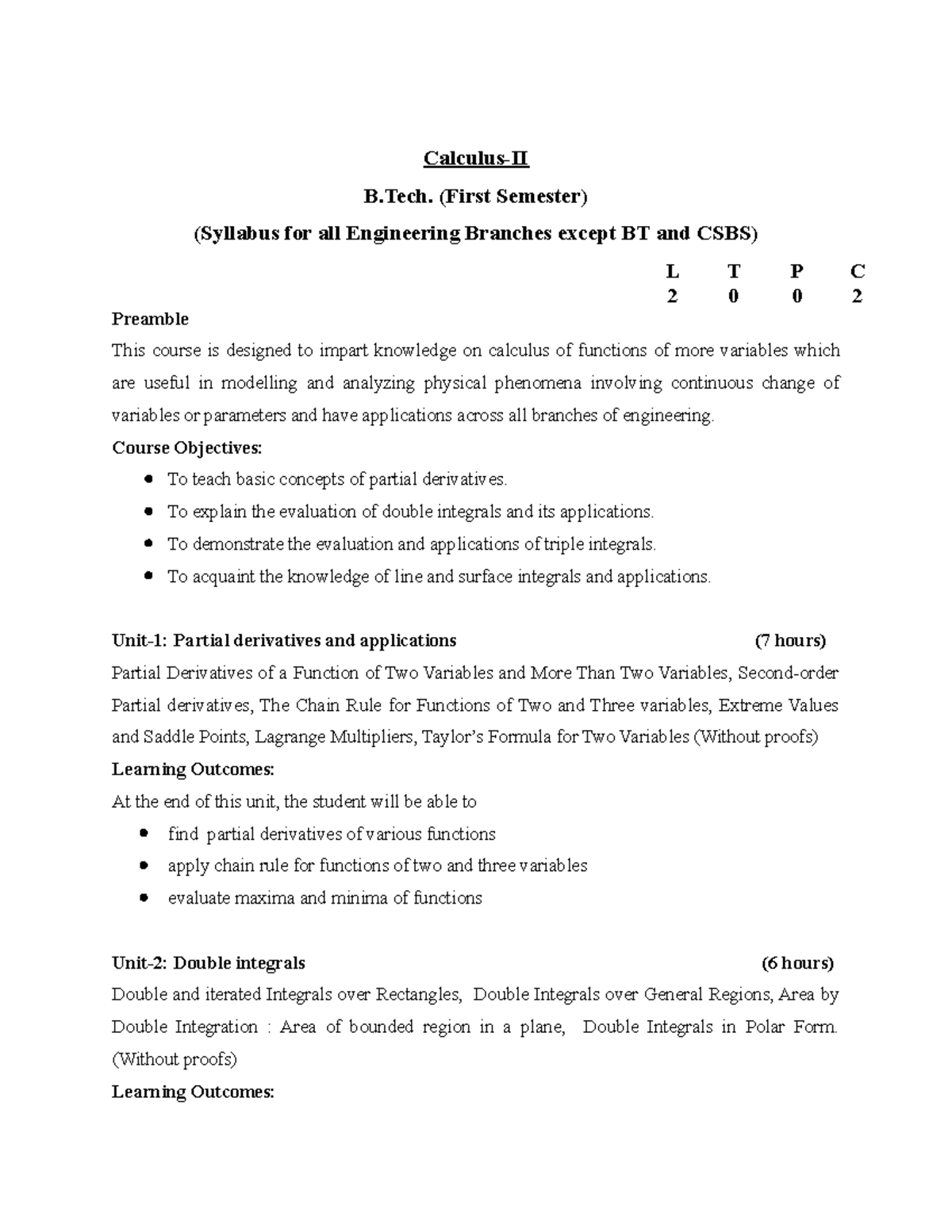 Calculus-II-syllabus - Calculus-II B. (First Semester) (Syllabus for ...