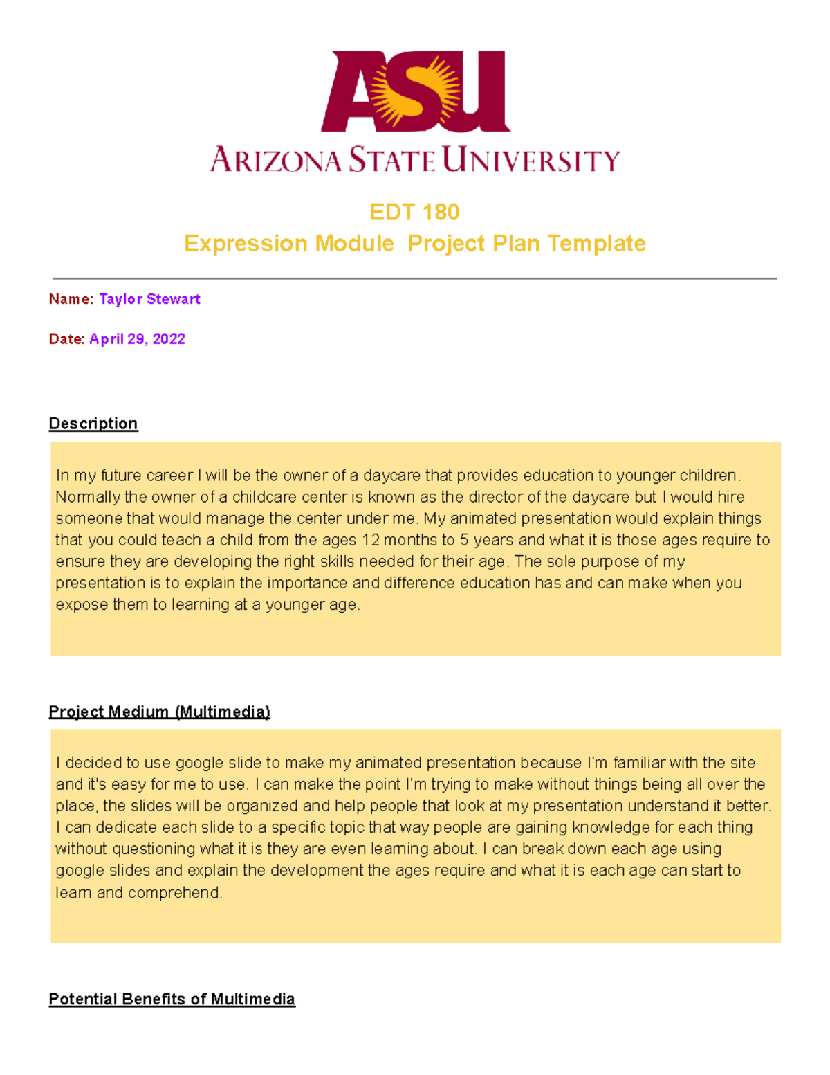M7 Expression Module Project Plan Template - EDT 180 Expression Module ...